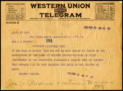 "Telegram to Governor Albert H. Roberts from President Woodrow Wilson,