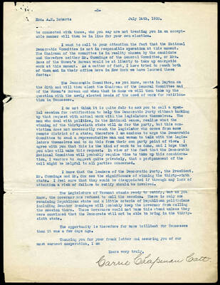 "Letter to Governor Albert H. Roberts from Carrie Chapman Catt, preside"