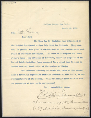 "Letter to Governor Peter Turney from Thomas Addis Emmet, committee cha"