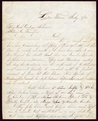 "Letter to Military Governor Andrew Johnson from M.L. Patterson of Loud"