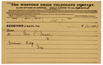 "Telegram to Governor Peter Turney from State Adjutant General John A.